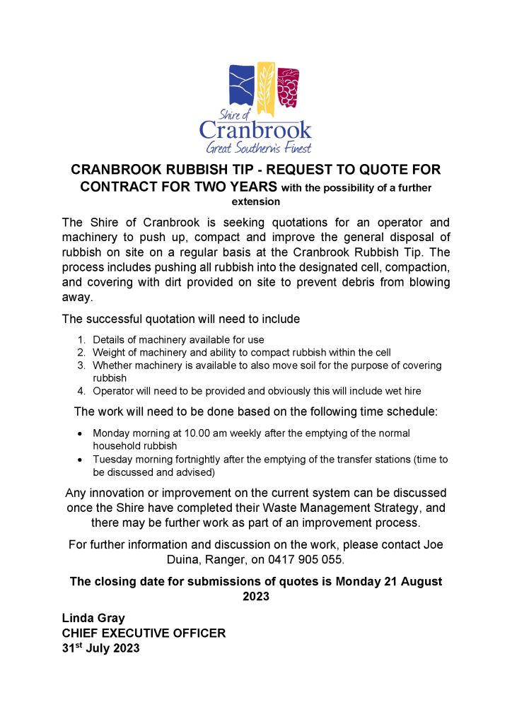 Cranbrook Rubbish Tip – Request to Quote for Contract for two years ...